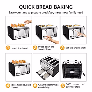 Gohyo 4 Slice Toaster 100% Stainless Steel with Wide Slots & Removable Crumb Tray for Bread & Bagels（4 Slice,Black）