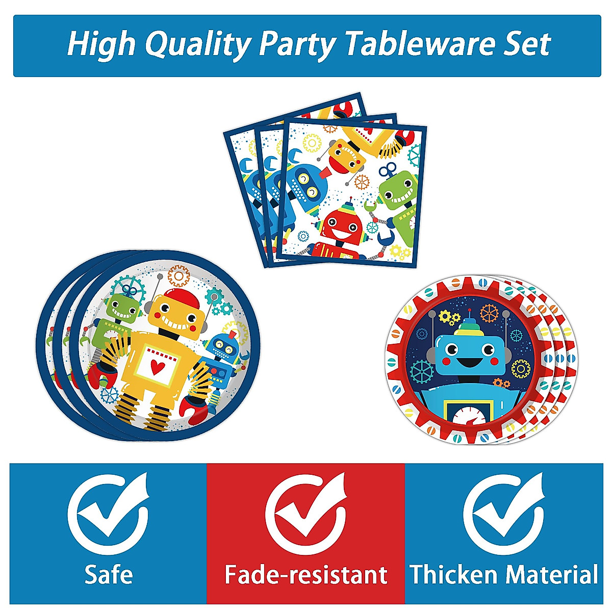 Cartoon Robot Birthday Party Tableware Set Serves 24 - Disposable 7 inch Paper Plates, 9 inch Paper Plates, Napkins, Forks, Robot Theme Wedding Baby Shower Party Supplies for 24 Guests