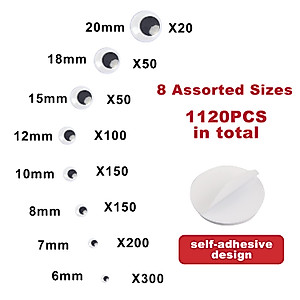 FOIMAS 1020pcs Wiggle Googly Eyes,6mm-20mm Self-Adhesive Wiggle Eyes in Assorted Sizes for DIY Craft,6mm,7mm,8mm,10mm,12mm,15mm,18mm,20mm