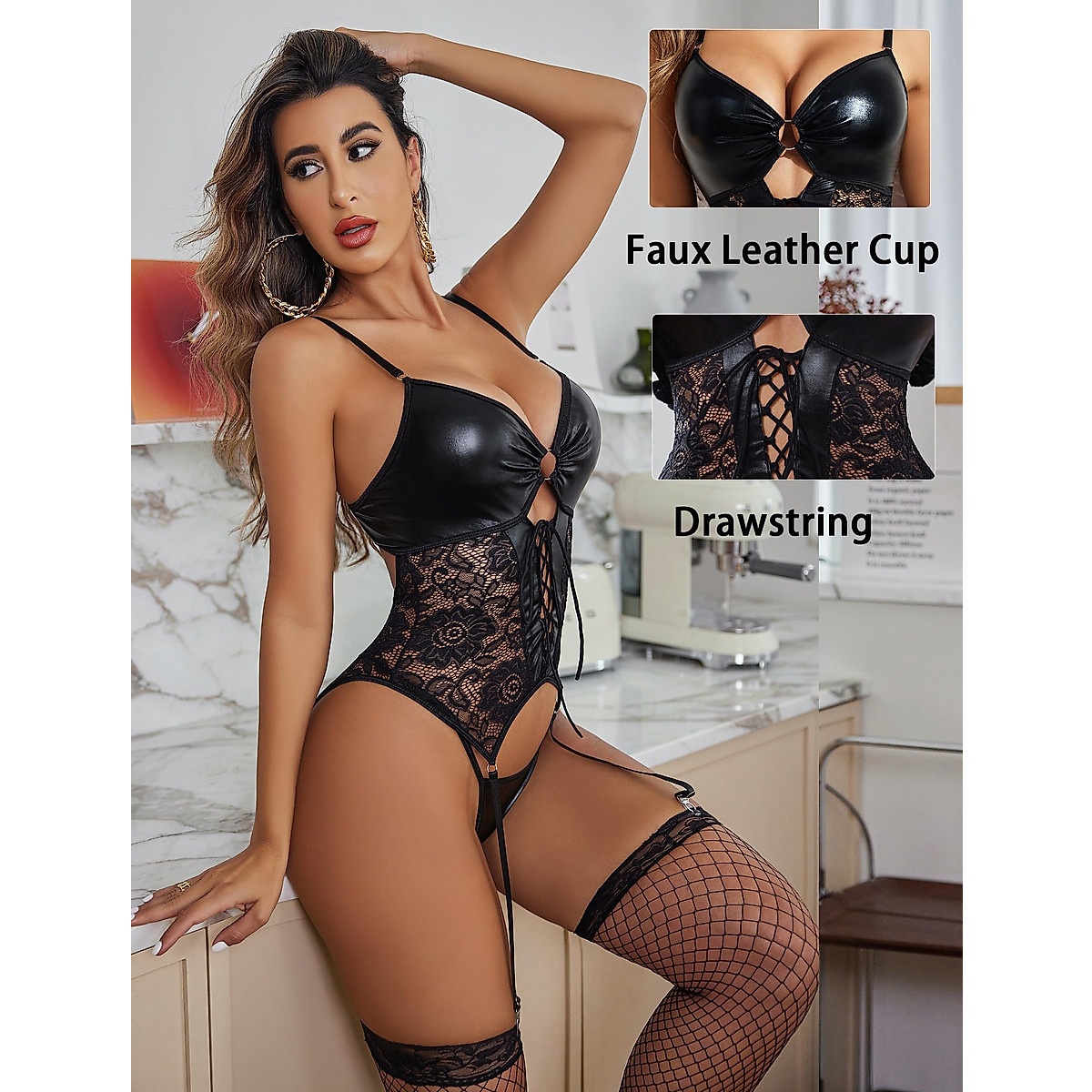 Avidlove Women's Corset Set Leather Teddy Bodysuit Lace Bustier With Garter Belts