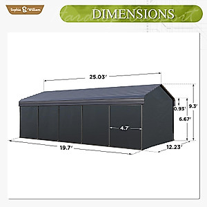 Carport Car Port Metal Canopy 12x25 ft Heavy Duty for Snow, Portable Garage Kit Shed Tent Shelter Metal Frame All Weather Outdoor for Boat with Removable Sidewalls, Dark Grey, Sophia & William