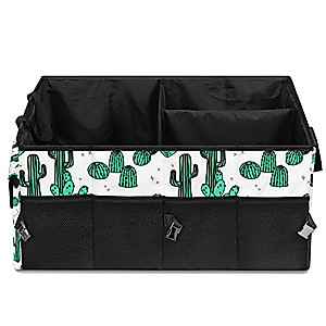 Cactus Summer Tropical Print Car Trunk Organizer,Collapsible Cargo Storage Tote Bag,Non Slip,3 Divider Compartments, Automotive Interior Accessories for Auto SUV Truck Vehicle Picnic Camping