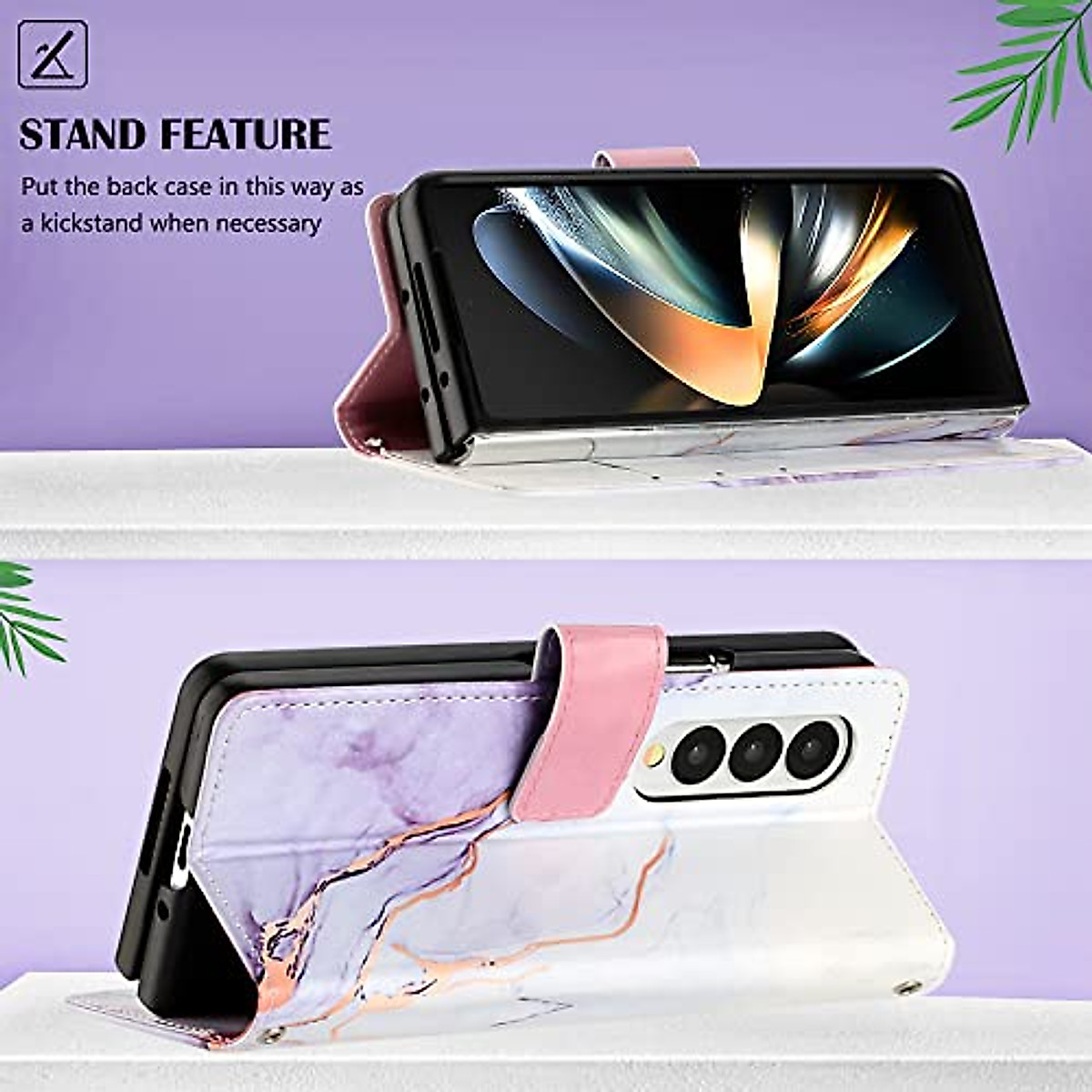 Compatible with Samsung Galaxy Fold 4 Case Wallet Marble Leather Flip Cases Cover with Credit Card Holder for Women White Purple with Wrist Strap for Samsung Galaxy Z Fold4