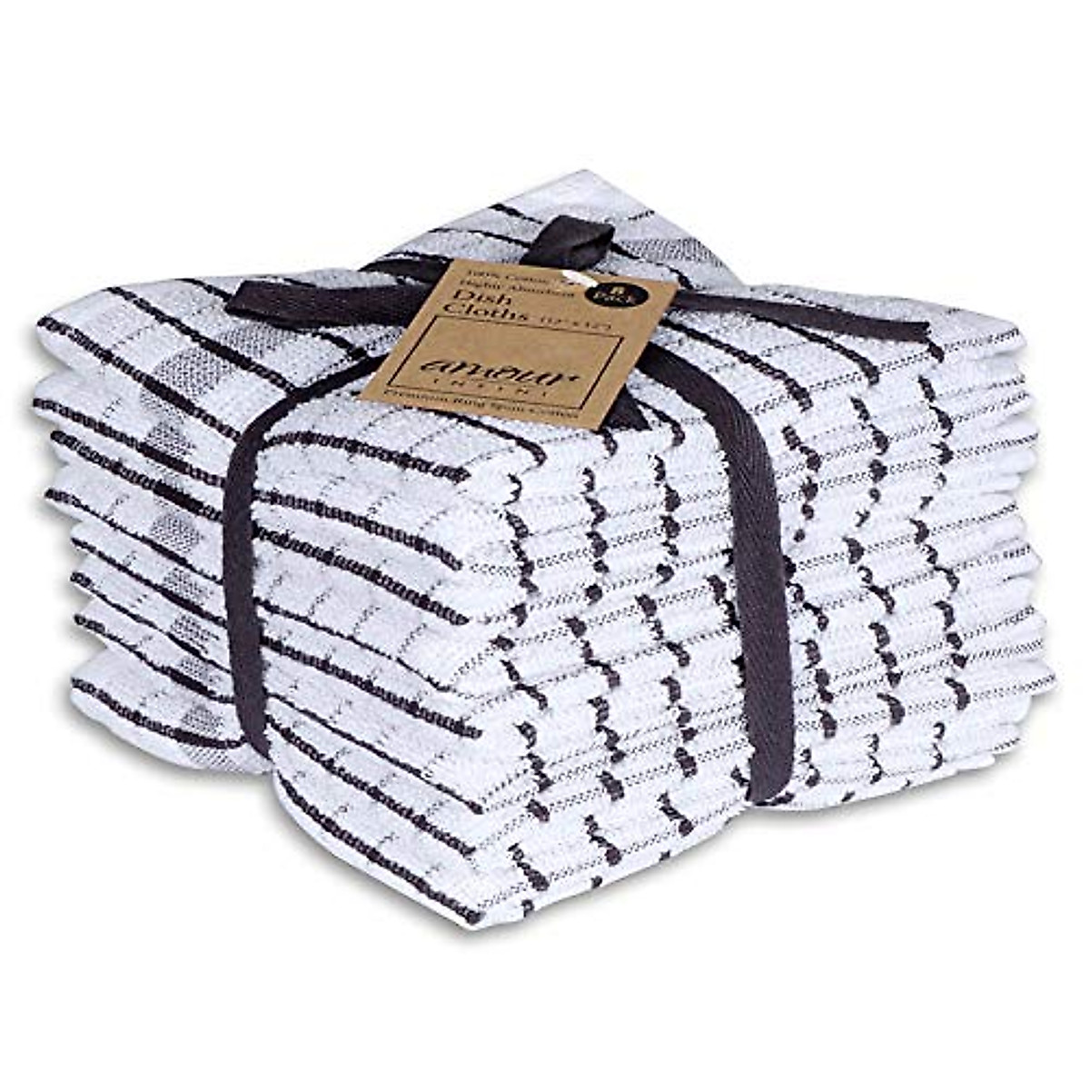 AMOUR INFINI Grid Terry Dish Cloth | Set of 8 | 12 x 12 Inches | Low Lint, Super Soft and Absorbent |100% Cotton Dish Rags | Perfect for Household and Commercial Uses | Charcoal