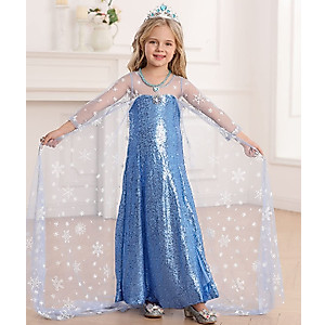 Luzlen Snow Princess Dress for Girls Toddler Queen Costume Halloween Christmas Cosplay Birthday Party Outfits Kids Blue, 4-5T(Tag 120)