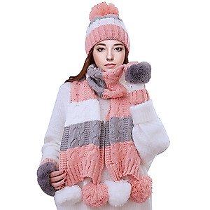 Women Girls Knit Beanie Hat Scarf and Gloves Set,Winter Fleece Lined Beanie Knit Hat with Pompom,Half Gloves and Long Scarf