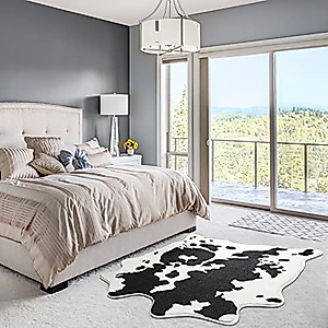 FALARK Fluffy Cow Print Rug Faux Cowhide Rugs for Living Room Bedroom, Cute Animal Print Carpet Western Home Decor Mat, Upgraded Luxury Area Rug Soft Cow Skin Rugs, Black and White, 4.6ft x 5.2ft