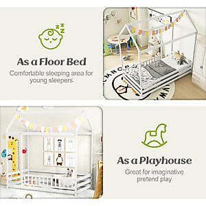 KOMFOTT Twin Size Floor House Bed, Wooden Montessori Bed with Roof & Full-Length Safety Guardrail, Floor Playhouse Bed Frame for Kids, Girls, Boys (White)