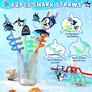 ESAG 110Pcs Shark Party Favors Birthday Supplies, Straws Bubble Wands Slap Bracelet Keychain Tattoo Sticker Toy Gift Baby Kids Boys Shark Valentines Goodie Bag Stuffer Ocean Under the Sea Party Favors