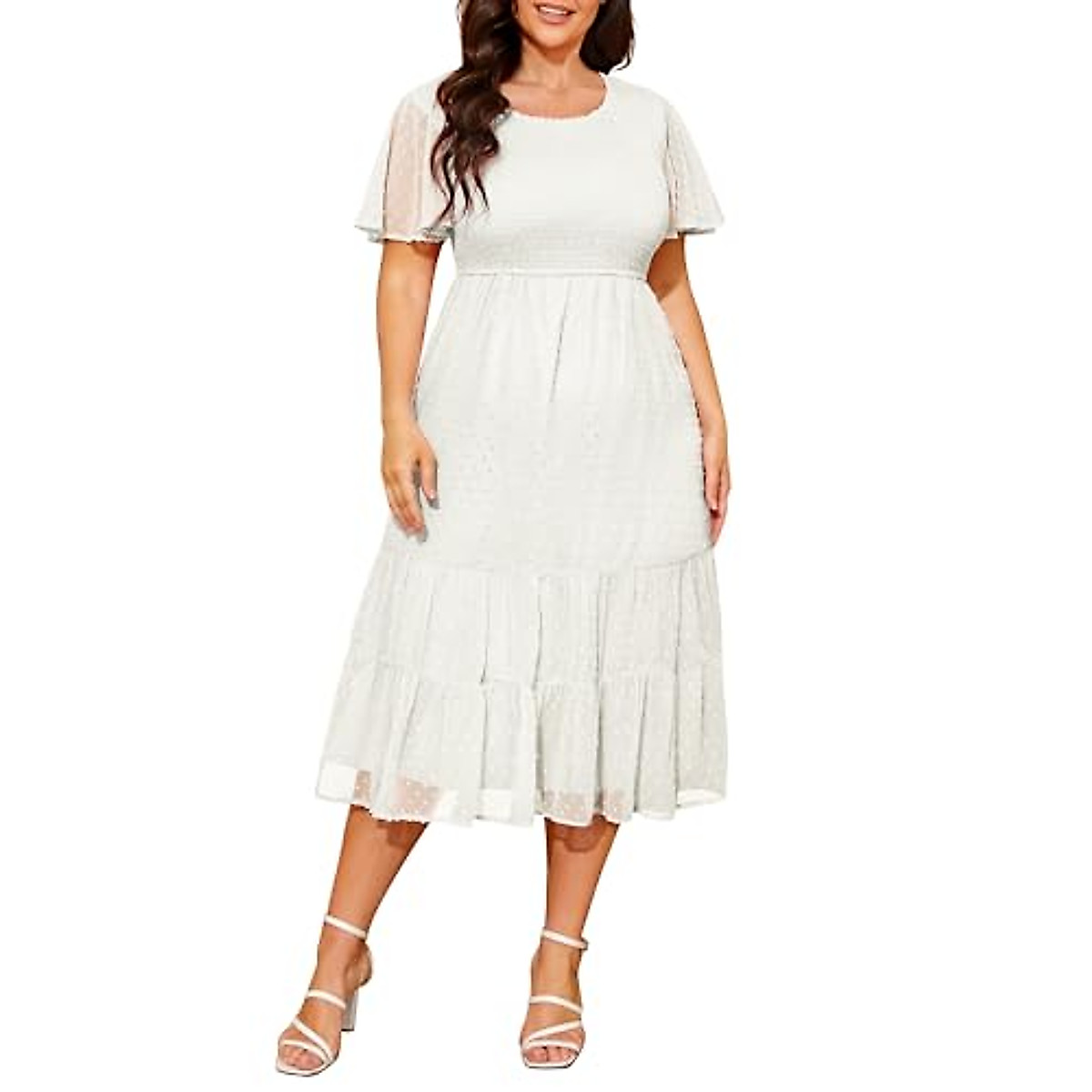 White Plus Size Summer Dress Casual Graduation Bridal Shower Midi Short Sleeve Swiss Dot Tiered Flowy Smocked Dresses