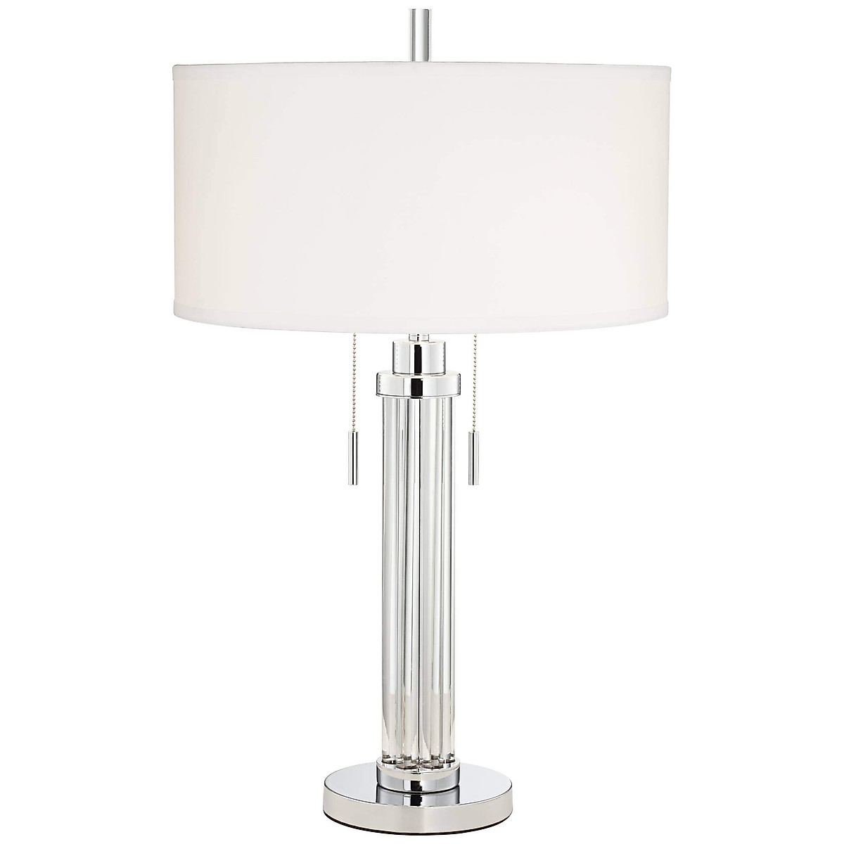 Possini Euro Design Cadence Modern Art Deco Style Column Table Lamp 30" Tall Chrome Silver Linear Clear Glass Rod White Drum Shade Decor for Living Room Bedroom House Bedside Nightstand Home Office