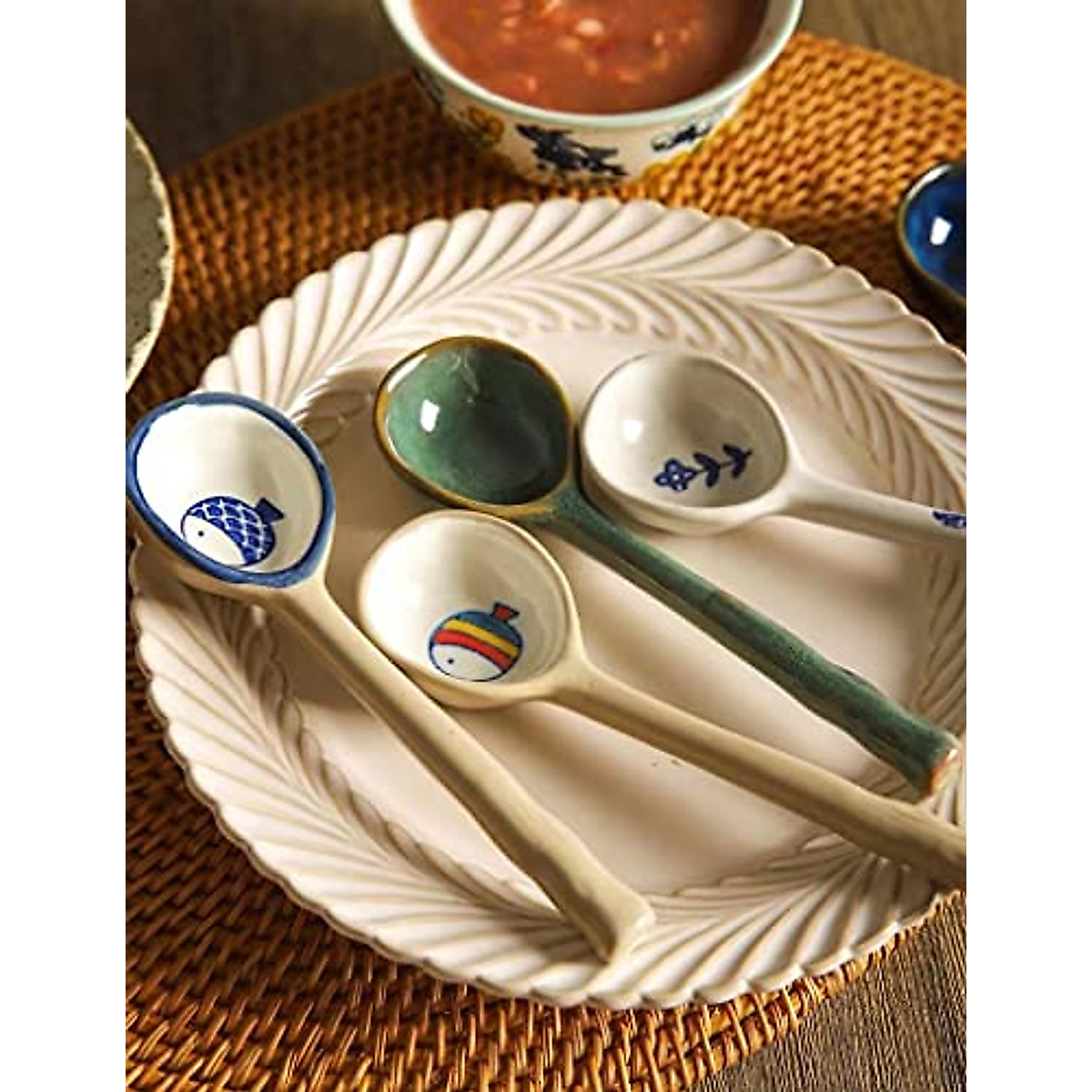 YUURAIN VUVU Japanese Large Spoon, Handmade Long Handle Asian Spoons, Retro Ceramic Spoons, Ramen Spoons, Pho Spoons, Large Soup Spoons with Cute Hand-Painted Pattern, Hand-Kneaded (2 Pieces) - D