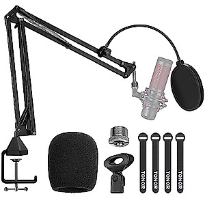 Microphone Arm Stand, TONOR Adjustable Suspension Boom Scissor Mic Stand with Pop Filter, 3/8" to 5/8" Adapter, Mic Clip, Upgraded Heavy Duty Clamp for Hyperx Blue Yeti Rode Elgato etc. Mics (T20)