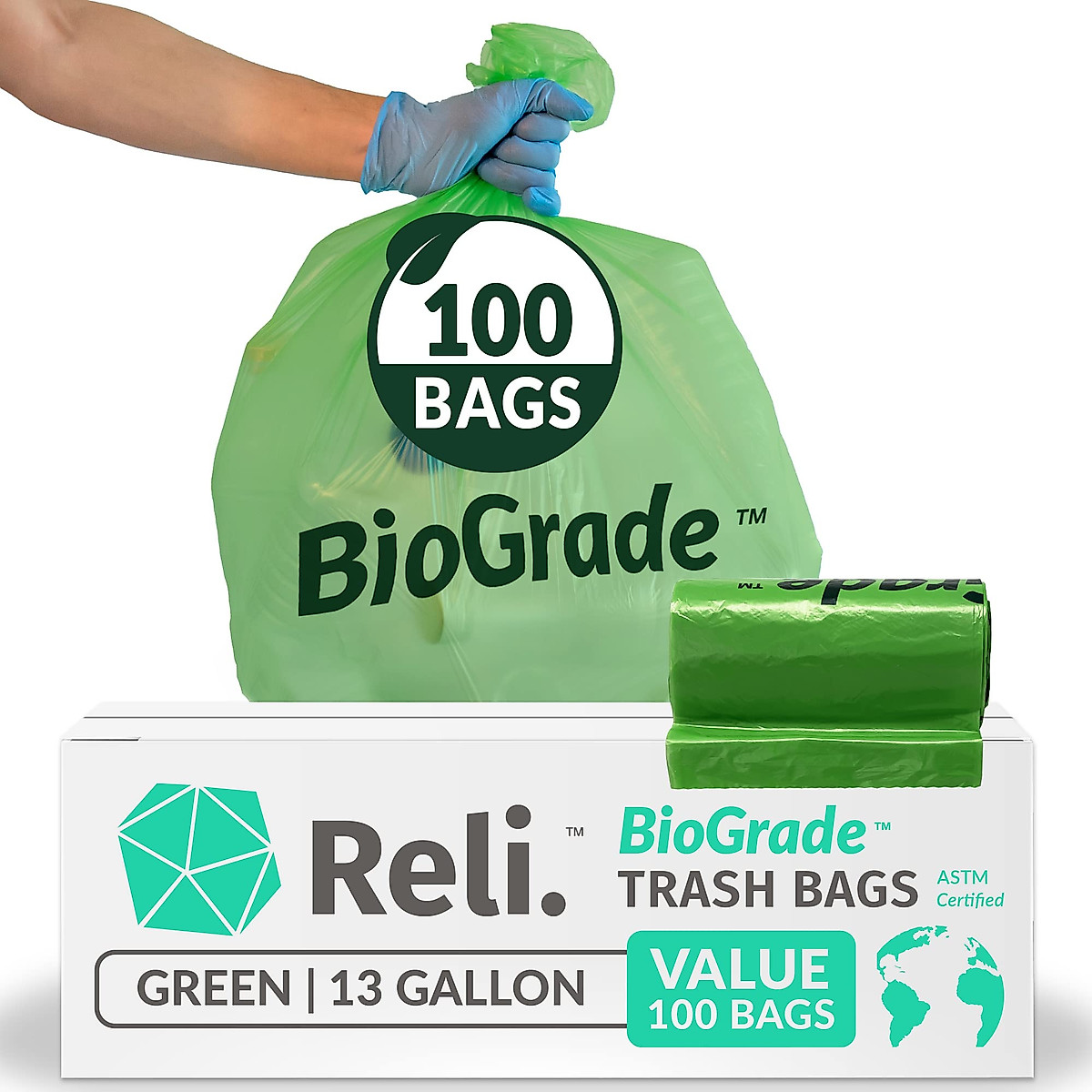 Reli. Biodegradable 13 Gallon Trash Bags | 100 Count, Green | ASTM D6954 | Eco-Friendly Garbage Bags 10 Gallon - 13 Gallon | Oxobiodegradable Under Certain Conditions (See Product Description)