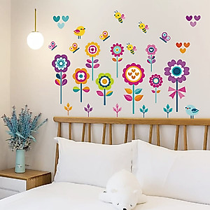Flowers Wall Stickers for Kids Bedroom -Butterfly Bee Floral Wall Decals for Girls Room,Classroom,Nursery, Playroom- Removable DIY Peel and Stick Wall Art Decor