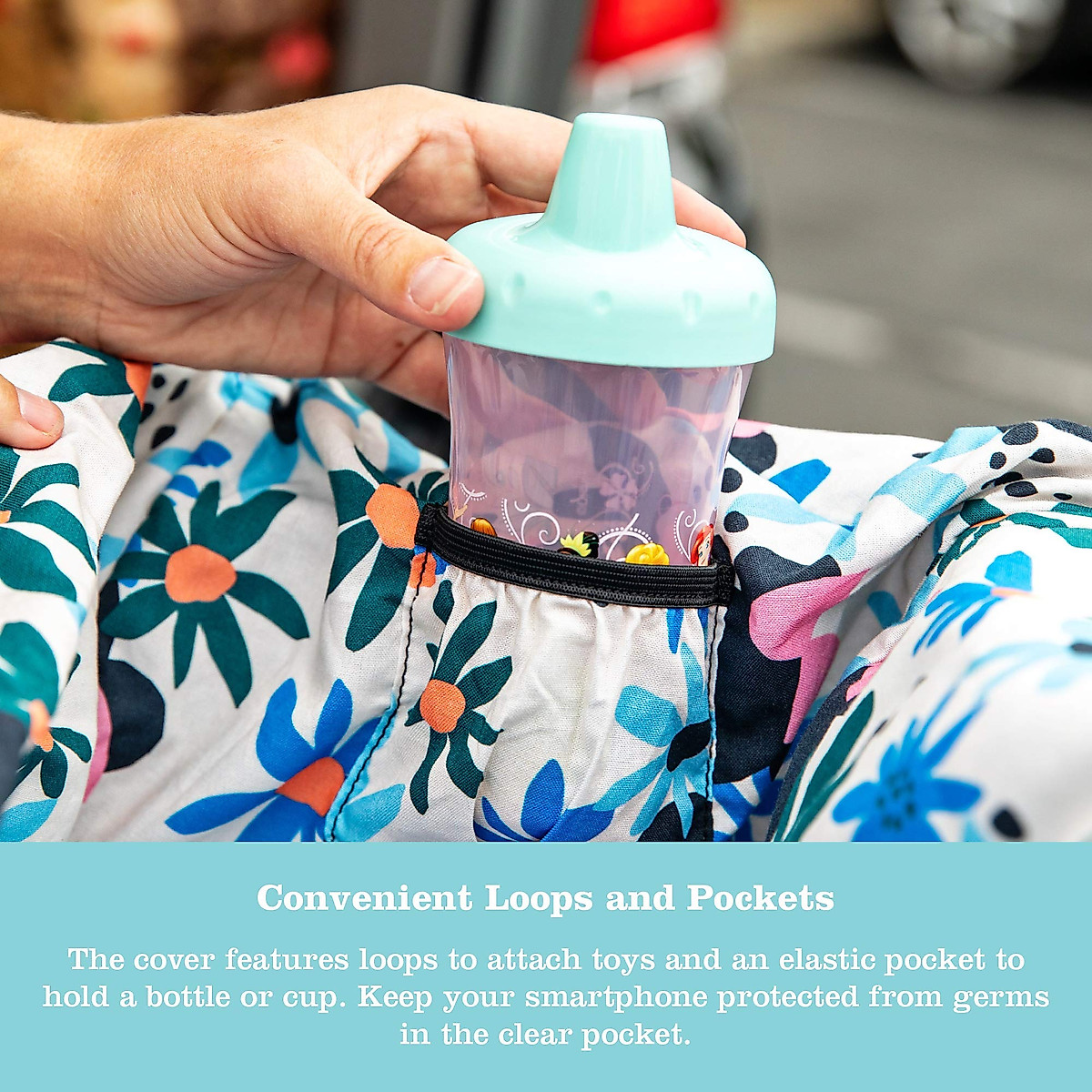 Disney Baby by J.L. Childress Shopping Cart & High Chair Cover - for Baby, Kids, Toddler, Girl - Phone Holder and Toy Loops - Extra Large, Universal Grocery Cart Cover - Minnie Mouse Floral