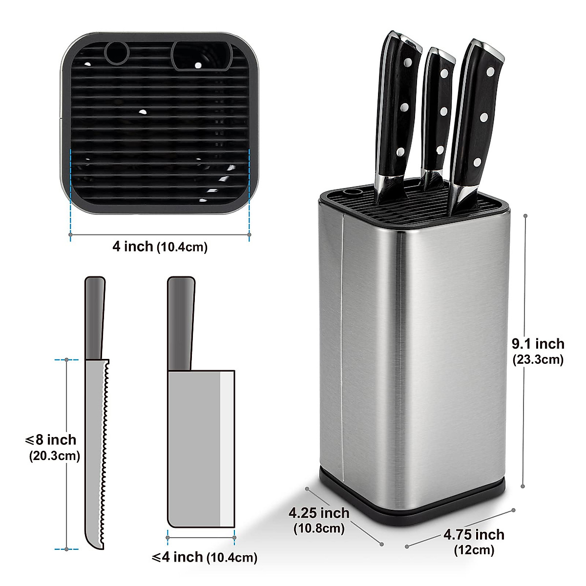 Sumteene Universal Knife Block, Knife Holder without Knives, Stainless Steel Knife Storage Block for 3.5" to 8" Knives, with Slots for Scissors and Sharpening Rod,for Kitchen Counter