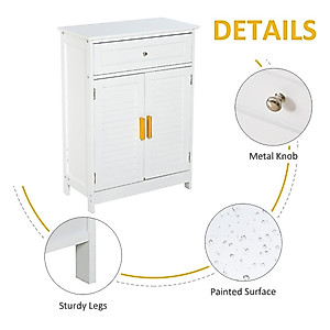 Standing Bathroom Cabinet, Floor Kitchen Pantry Cabinet with 1 Large Drawer, Wooden Bathroom Storage Cabinet with 2 Doors and Adjustable Shelf, Kitchen Cupboard Storage Display Cabinet for Living Room