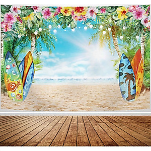 Felortte 7x5FT Polyester Fabric Summer Hawaiian Beach Backdrop Sky Ocean Tropical Flower Palm Leaves Surfboard Photography Background for Luau Aloha Party Decoration Banner Picture Photo Booth2