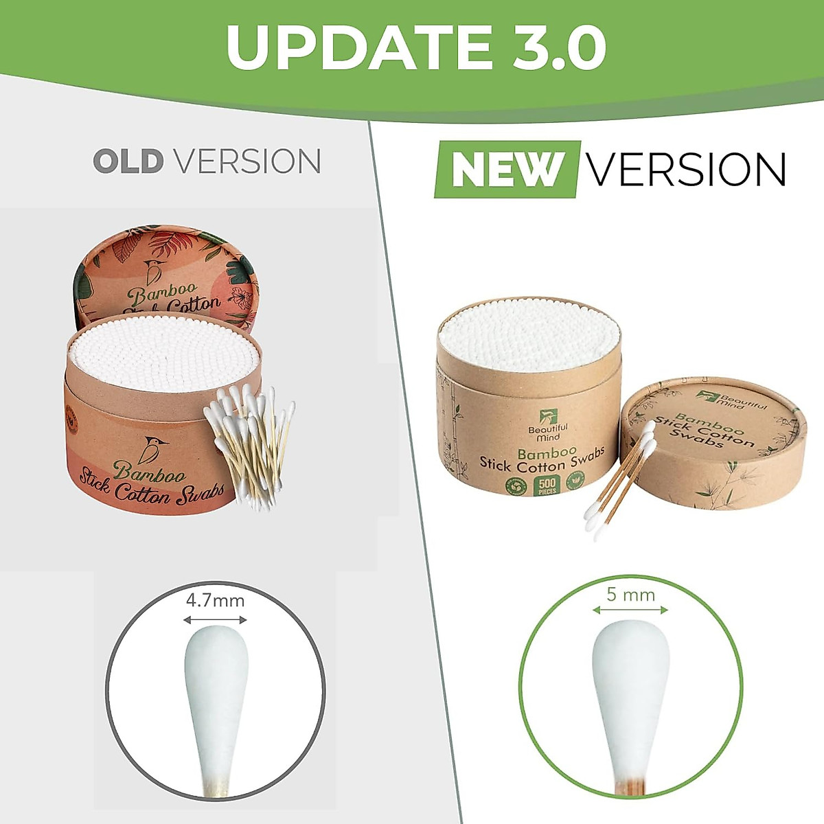 Beautiful Mind Bamboo Cotton Swabs for Ears – 500 Pack – Carbonized Bamboo Ear Swabs for Durability with Long Qtips – Eco-Friendly, Biodegradable & Vegan – 100% Organic Cotton Swabs for Makeup