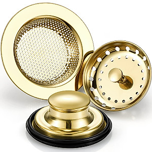 3 Pieces Kitchen Sink Stopper Strainer Garbage Disposal Plug, Stainless Steel Universal Anti-Clogging Filter, Sieve Basket Strainer, Wide Rim for Drain (Light Gold)