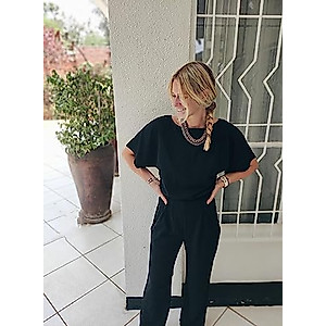 Happy Sailed Women Casual Loose Short Sleeve Belted Wide Leg Pant Romper Jumpsuits Medium Black