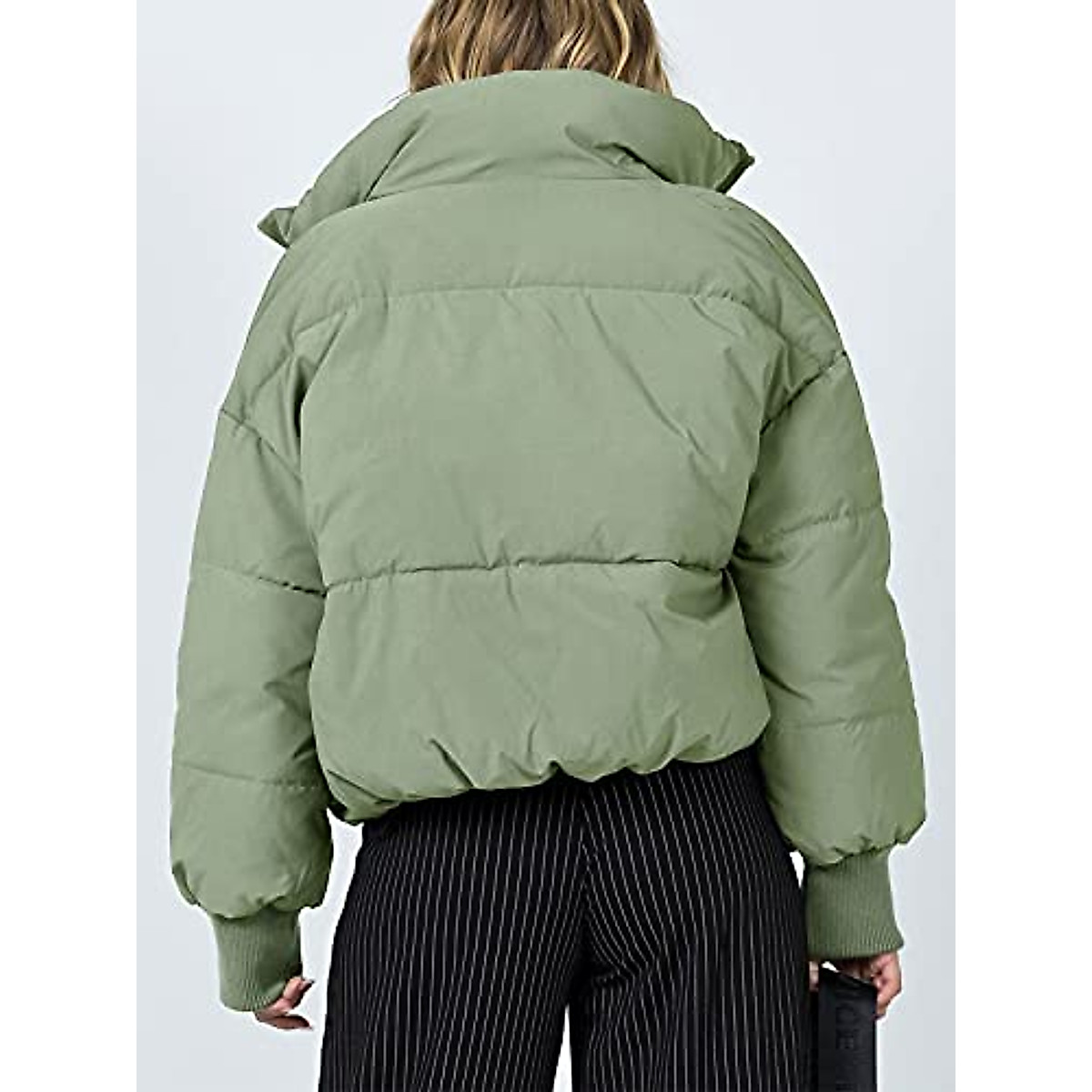 ZCSIA Women's Winter Long Sleeve Full Zipper Oversized Baggy Puffer Short Down Jacket Coat,PeaGreen,XSmall