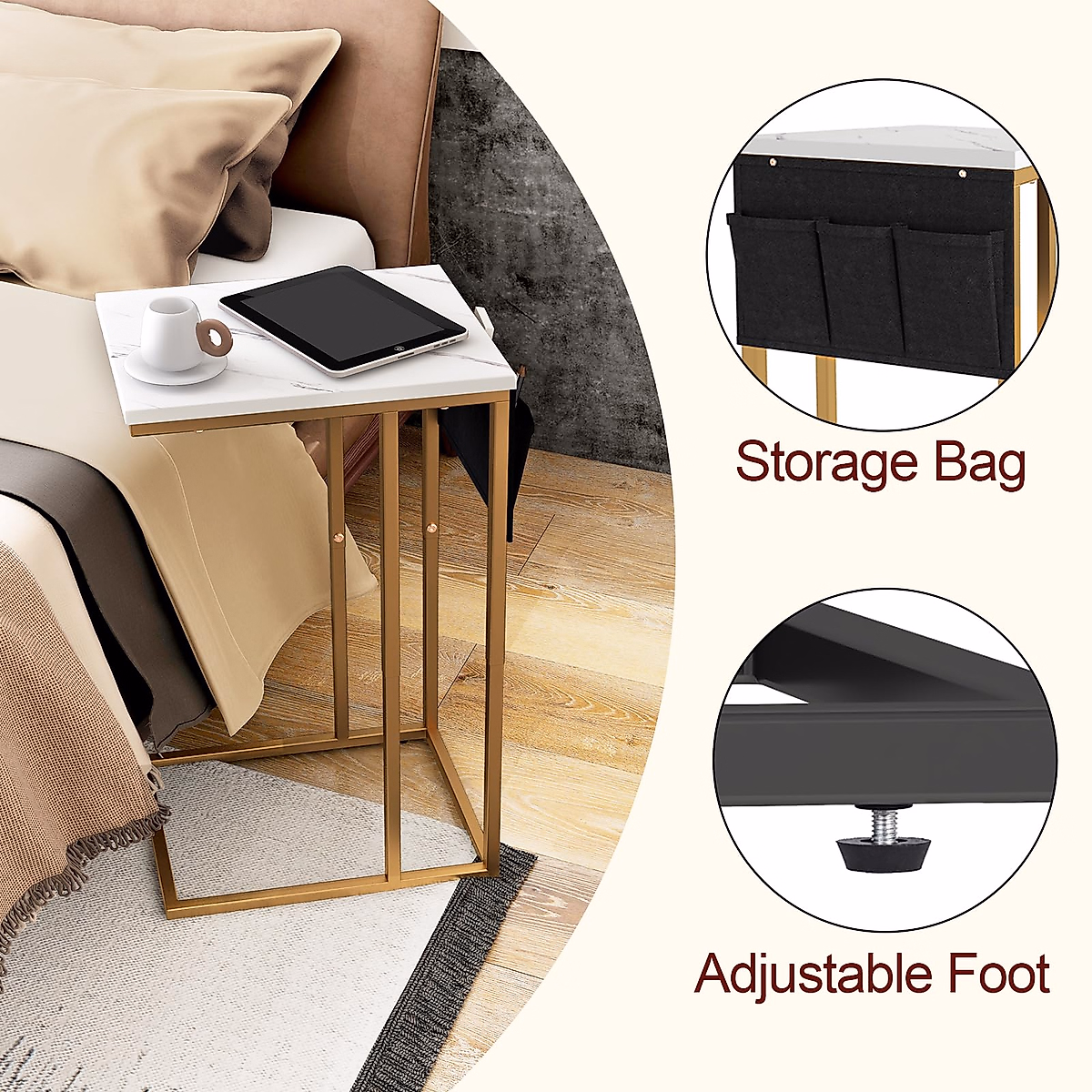 Livofloral C Shaped End Table for Couch, Small Couch Side Table for Sofa, C Side Table with Storage Bag, TV Tray Table for Living Room, Bedside Table for Bedroom, Snack End Table for Couch, White