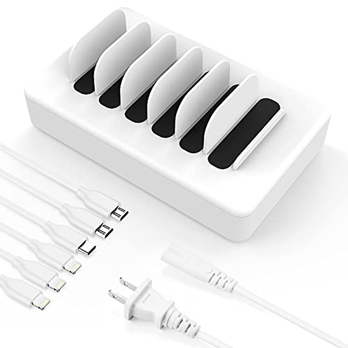 Charging Station for Multiple Devices, 6 Ports Compatible Cables W/3 iPhone, Micro USB,Type C,Compatible with Apple Charging Station,Phone,iPad,Cell Phone,Tablets,iPad,Kindle,White
