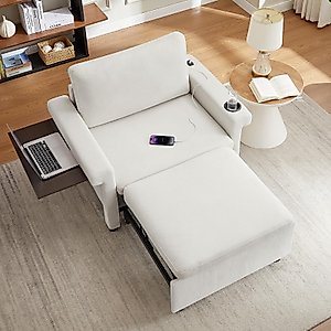 ONBRILL Convertible Sleeper Chair, 3-in-1 Pull Out Sofa Bed Couch with Adjustable Backrest, Chenille Sleeper Sofa Chair Bed with Hidden Table & 2 Charging Ports, White Small Couches for Living Room