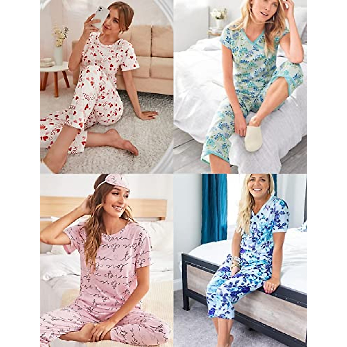 Ekouaer Women's Pajamas Short Sleeve Sleepwear Tops and Capri Pants Cute Print Pajama Sets with Pockets Green Flowers