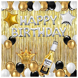 Golden Birthday Decorations Kit for Women 66 Pieces, Happy Birthday Banner, Fringe Curtains, Foil Balloons for 13th 16th 20th 21st 30th 35th 50th 60th Girls Boys Party Supplies