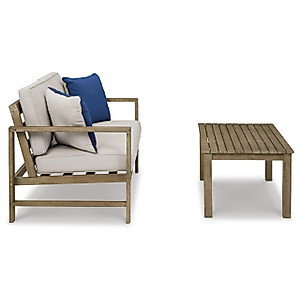 Signature Design by Ashley Outdoor Fynnegan Patio Eucalyptus Loveseat & Coffee Table, Beige with Blue Pillows