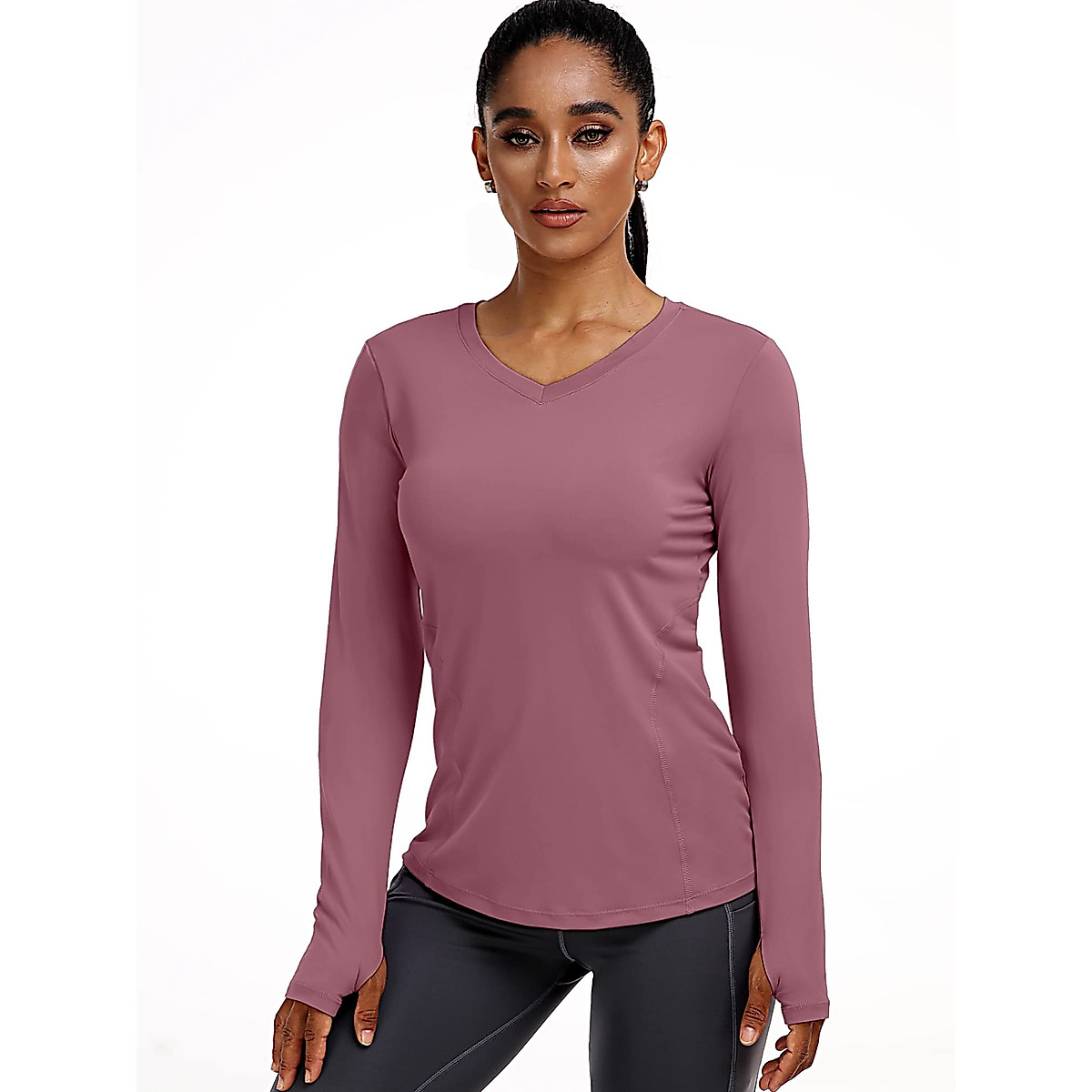 CADMUS Women's V-Neck Workout Shirts Long Sleeve Yoga Top Athletic Running T Shirt,Black, Grey, Pink,Large