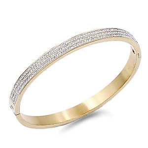 Lavencious Gold Plated Stainless Steel with CZ Stones Hinged Bangle 6mm Width Bracelets fow Women 7"(6mm Gold)