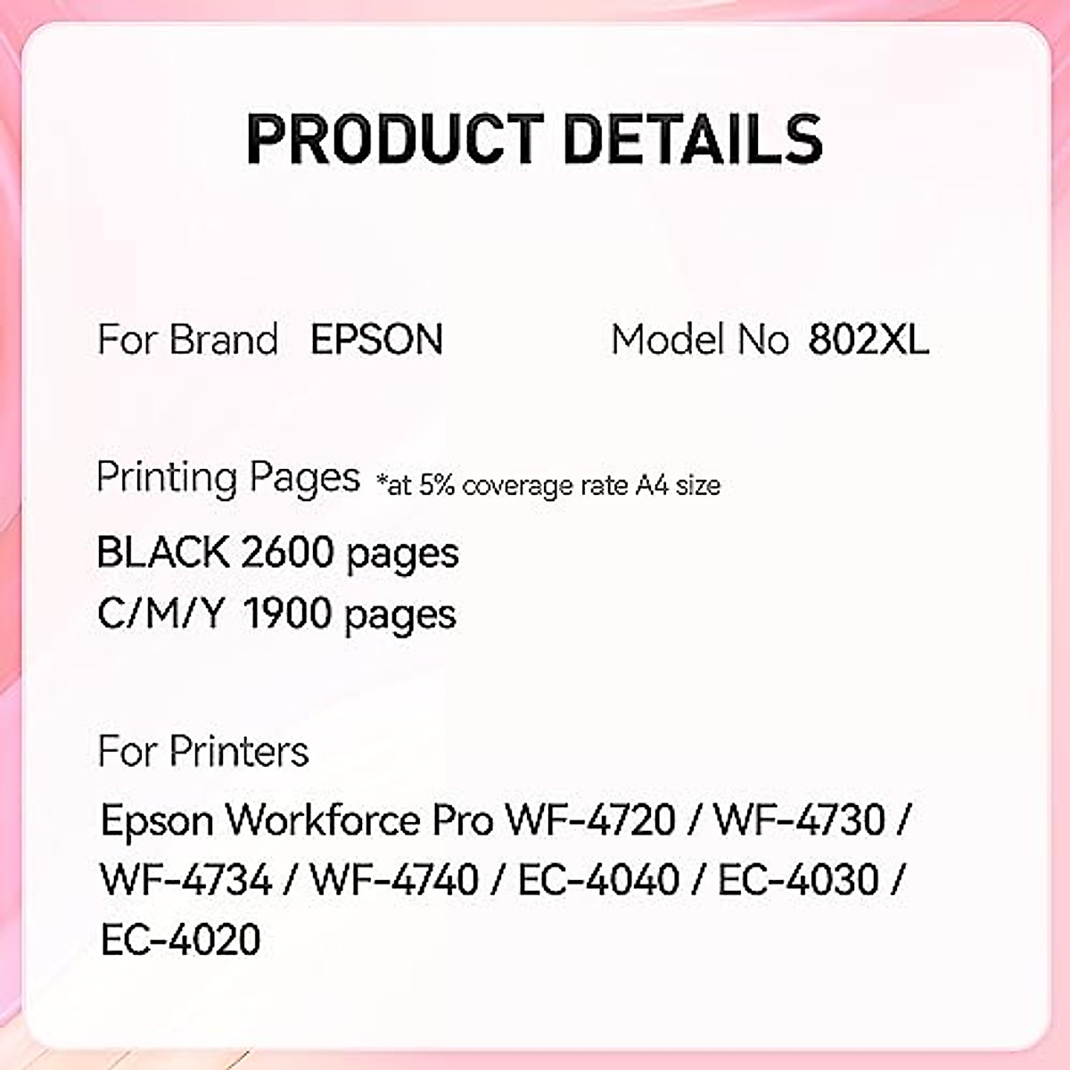 Panda 802XL Ink Cartridge remanufactured for epson 802XL T802 use with Epson Workforce Pro WF-4720 WF-4730 WF-4740 WF-4734 EC-4020 EC-4030 Wireless All-in-one Color Inkjet Print Copy scan Printer Ink