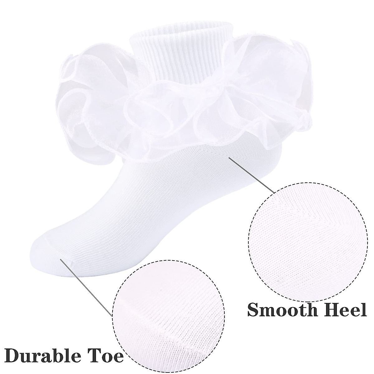Mini angel Girls Ruffle Socks Double Lace Frilly Dress Socks Kids Turn Cuff Socks for Little Girls 2 Pack (White, 4-6 Years)