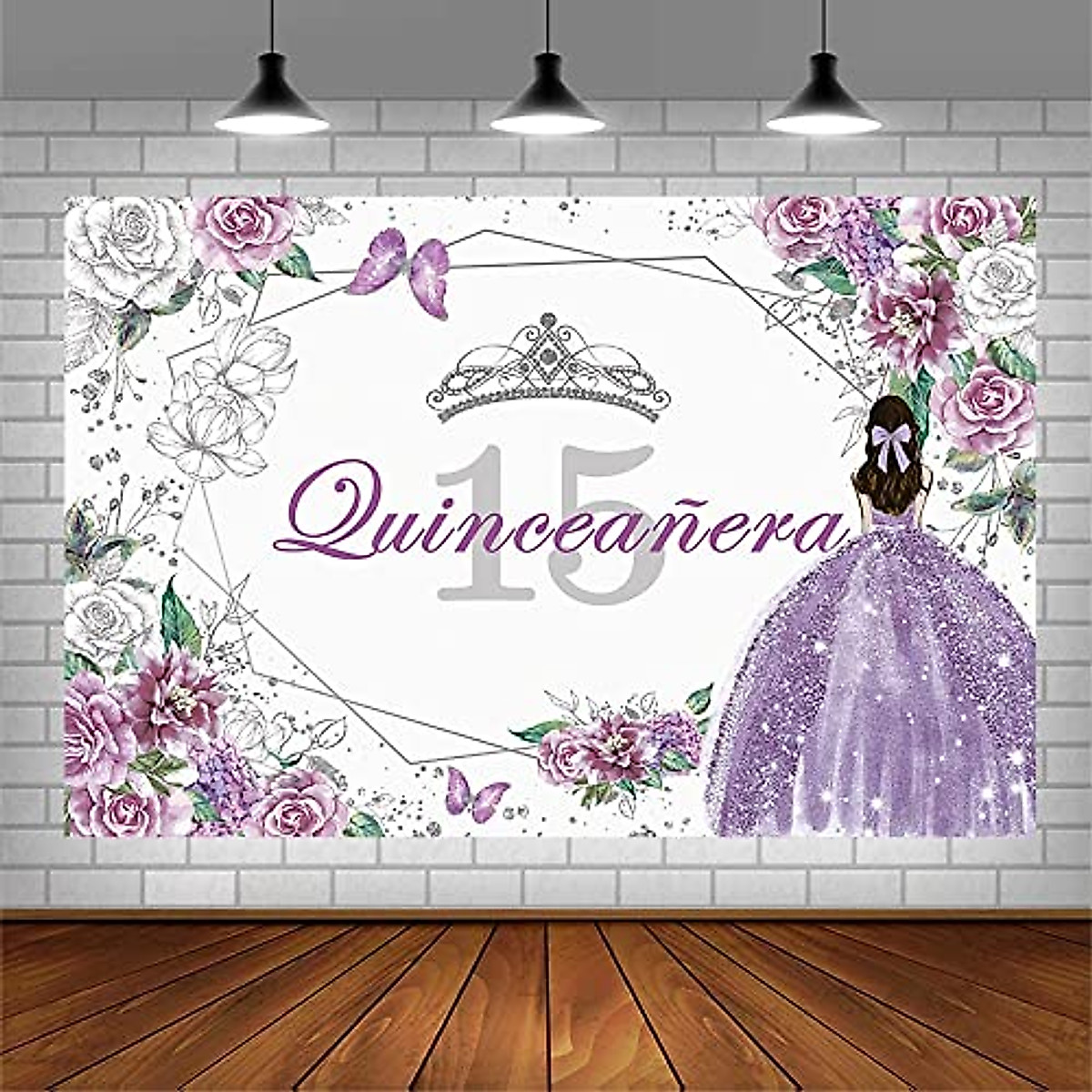 Sendy 7x5ft Quinceanera 15th Birthday Backdrop for Sweet Girl Mis Quince Anos 15th Party Decorations Purple Silver Glitter Floral Crown Butterfly Banner Photography Background Cake Table Prop