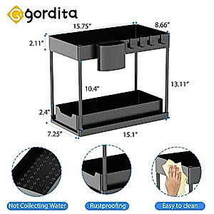 Under Sink Organizers And Storage, Under Sink Storage for Bathroom 4 Hooks And 1 Hanging Cups, The Bottom is Pull-Ou Tstorage, Suitable for Kitchen, Bathroom, Study Black