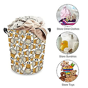 Cartoon Giraffes Head Foldable Laundry Basket Waterproof Hamper Storage Bin Bag with Handle 16.5"x 16.5"x 17"