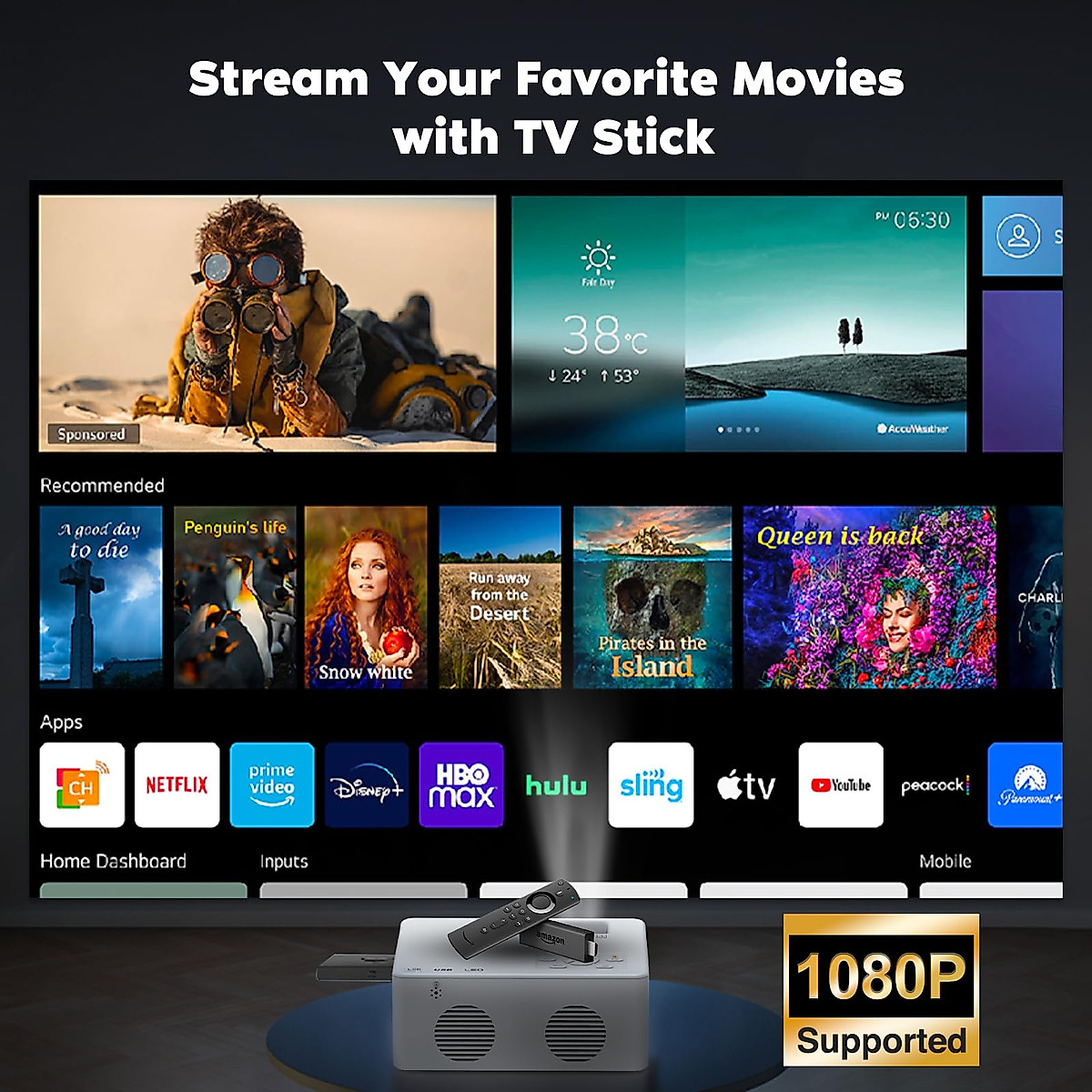 Native 1080P Mini Projector with 5G WiFi and Bluetooth (with Tripod), 4K Supported Outdoor Projector, Portable Movie Projector Compatible with TV Stick, iOS, Android, PS5, HDMI, USB, Vecupou