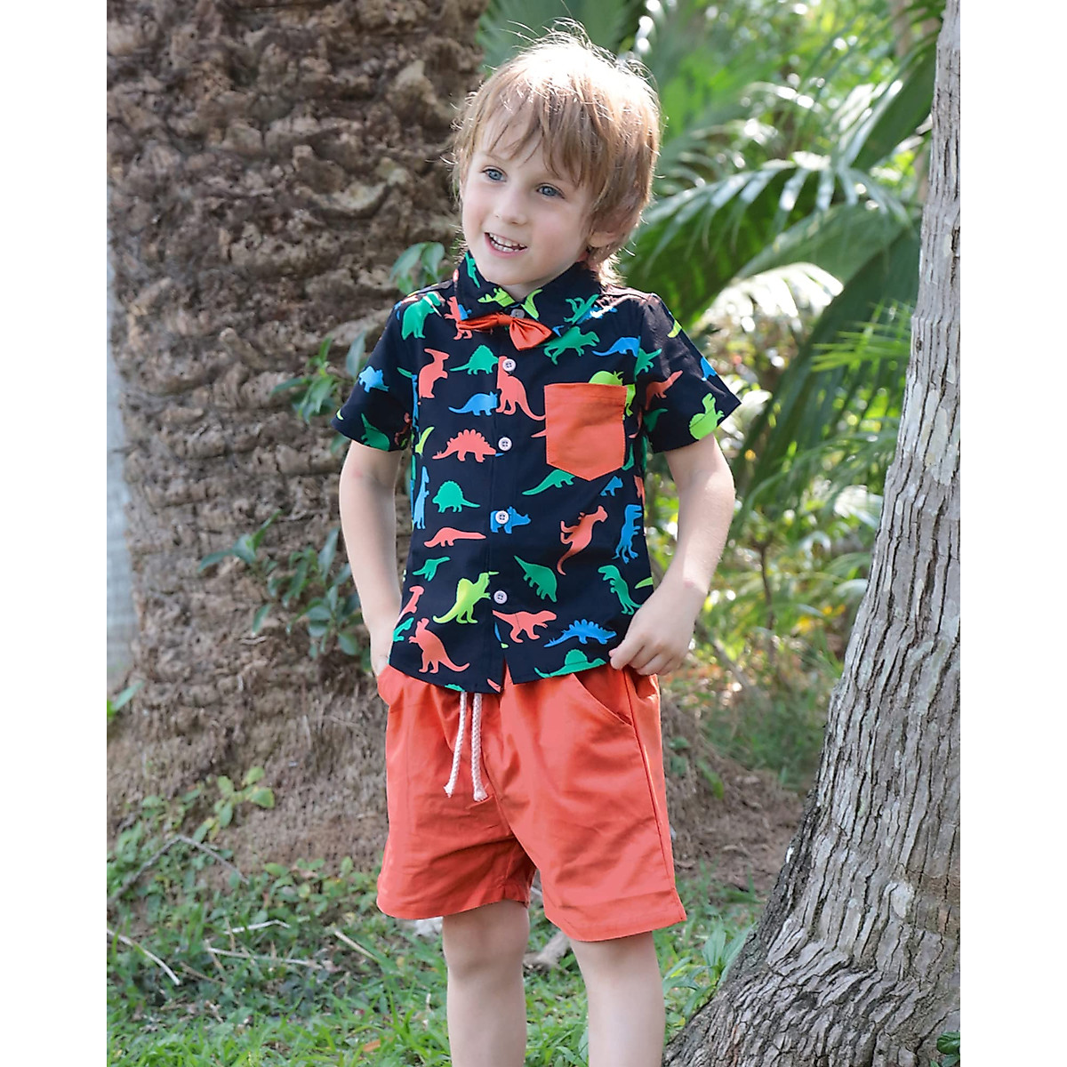 SUNNY PIGGY Toddler Baby Boy Clothes Button Down Shirt Boy Clothes Little Dinosaur Printed Baby Boy Outfits Shorts Set Summer Baby Boy’s Clothing 18-24 Months Red