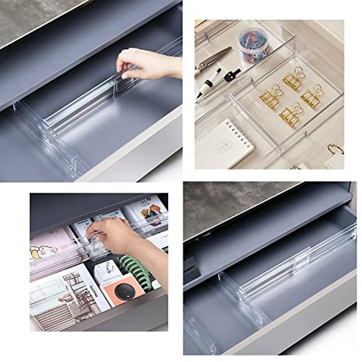 KIKILIE 4 Pack Transparent Drawer Dividers Organizer,Expandable 11-19 Dresser Drawer Divider - Multi-purpose Clear Drawer Organizers DD5250 DD5250
