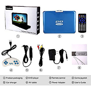YOOHOO 16.9'' Portable DVD Player with 6 Hours Rechargeable Battery,14.1'' HD Swivel Large Screen,Remote Controller,Supports SD Card, USB Port and Multiple Disc Formats (Blue)
