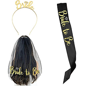 Bride to Be Set, 3pack Bride to Be Sash & Headband Tiara & Shoulder Length Veil Bachelorette Party Supplies Bridal Shower Decoration Accessories(Black)