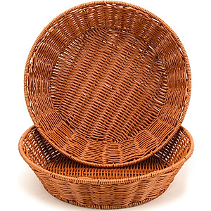 WUWEOT 2 Pack Woven Bread Basket, 12 Inch Round Imitation Rattan Fruit Basket, Tabletop Food Vegetables Serving Basket, Vintage Round Food Serving Baskets, Brown