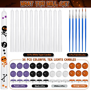MTLEE 78 Pcs DIY Candle Painting Kit Include 12 White Taper Candles 60 Colored Tealight Candles 6 Paint Brushes for Candles Crafts Birthday Wedding Party Favors(Halloween Color)