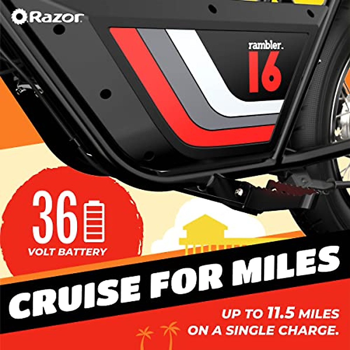 Razor Rambler 16 – 36V Electric Minibike with Retro Style, Up to 15.5 MPH, Up to 11.5 Miles Range, Wide, Rugged 16" Air-Filled Tires, Powerful 350 Watt Hub-Driven Motor