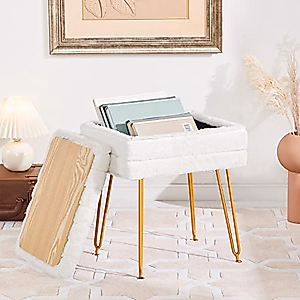 Soohow Faux Fur Vanity Chair - Storage Ottoman with Metal Legs, Perfect for Makeup Room, Living Room, Bedroom