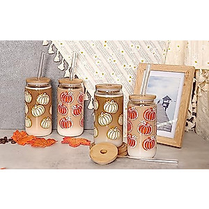 Fall Coffee Mug - Unique Autumn Decor & Iced Coffee Cup Fall Decor Pumpkin Mug with Pumpkin Decorations Thanksgiving Fall Wedding Tumbler Can Shaped Fall Cups with Bamboo Lid Glass Straw - 18oz